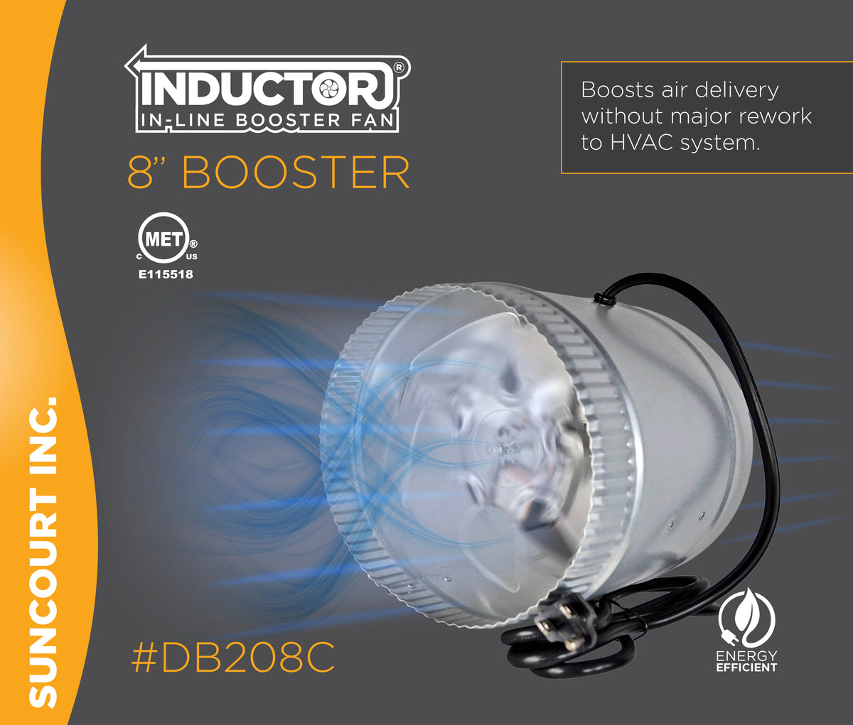 INDUCTOR® 8" CORDED AXIAL IN-LINE BOOSTER DUCT FAN | DB208C – Suncourt Inc.